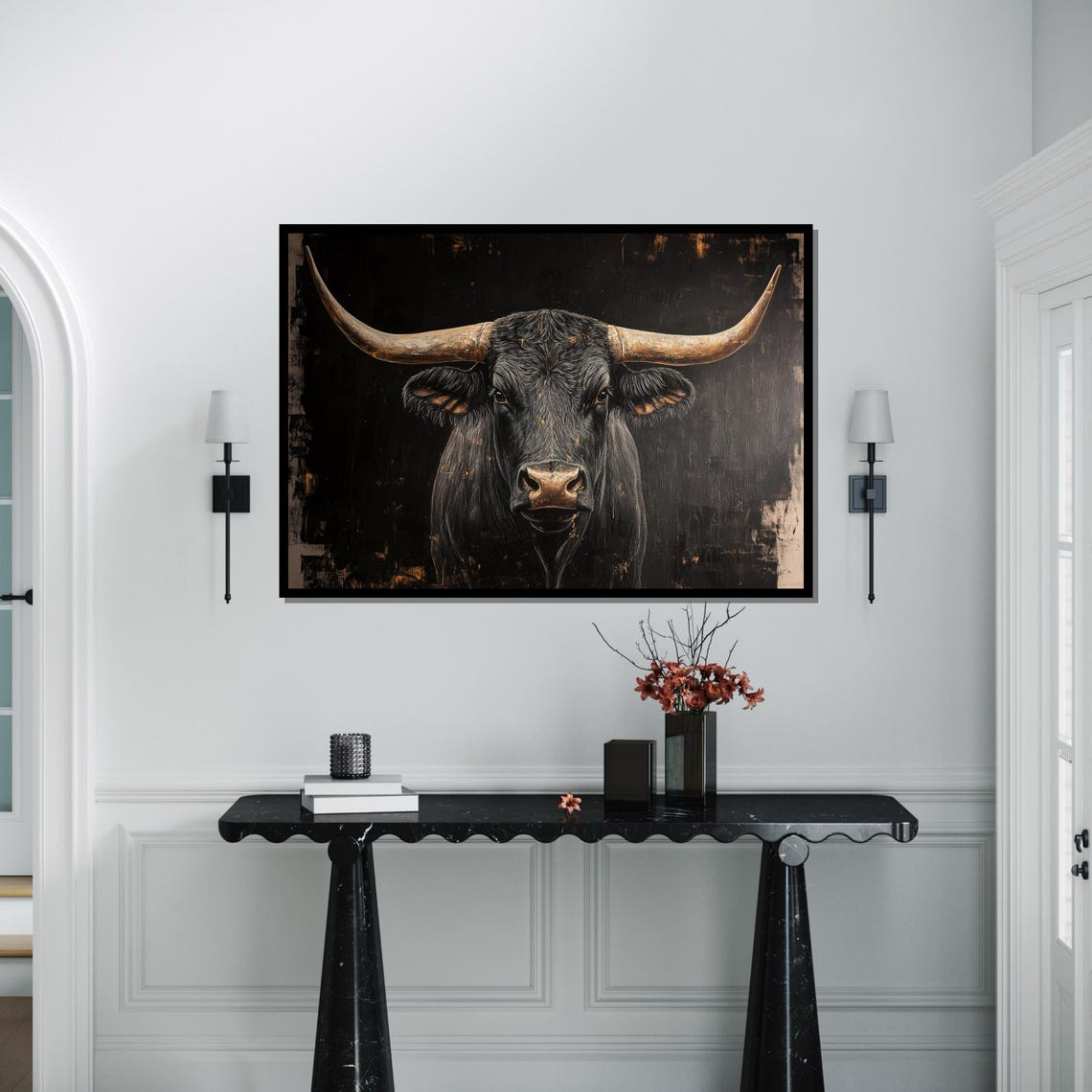 Majestic Bull Canvas, Powerful Horned Bull Art, Animal Wall Art, Dark ...