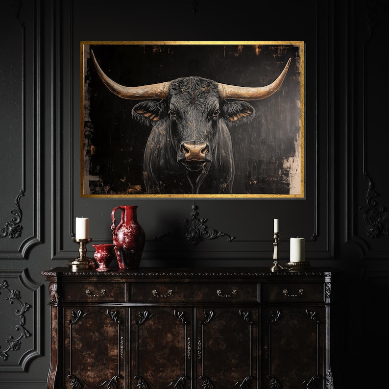 Majestic Bull Canvas, Powerful Horned Bull Art, Animal Wall Art, Dark ...