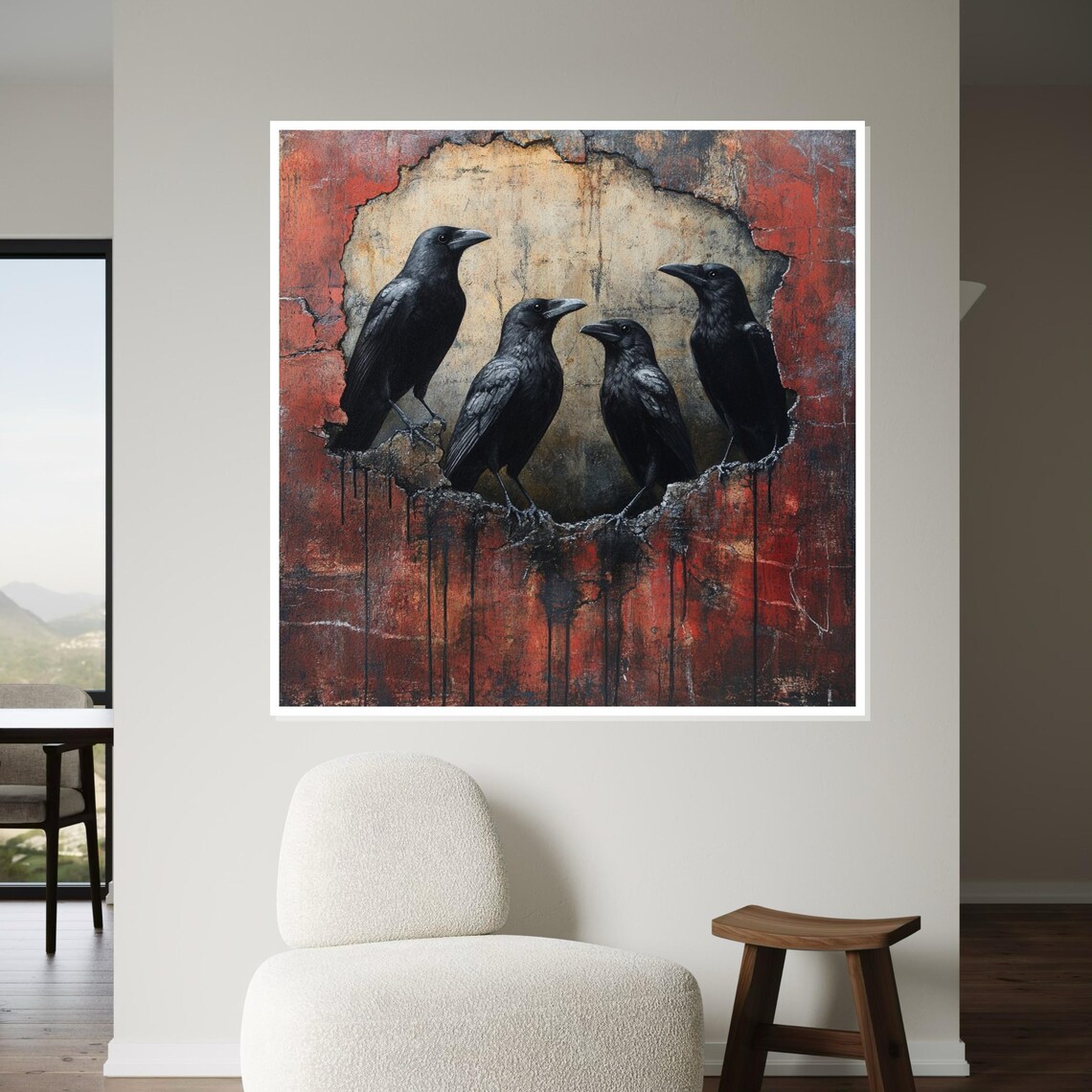 Raven Quartet Canvas, Crow Wall Art, Bird Print, Textured Canvas Design ...