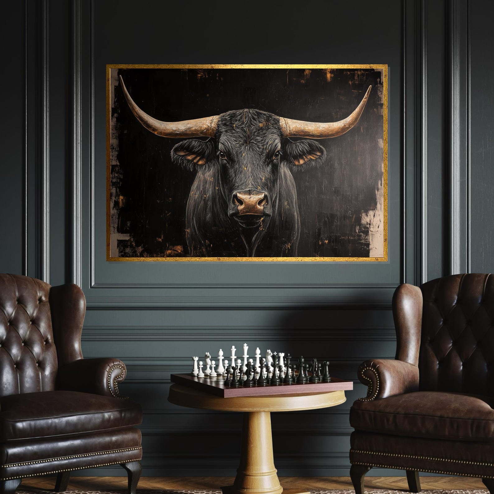 Majestic Bull Canvas, Powerful Horned Bull Art, Animal Wall Art, Dark ...
