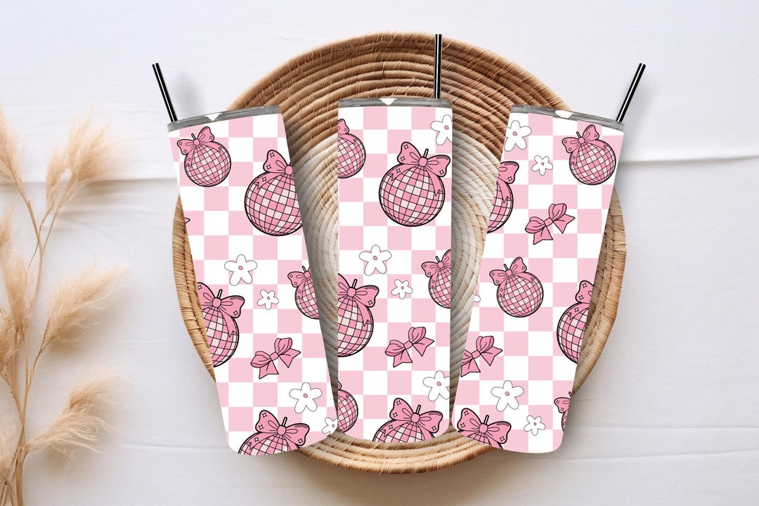 Pink & White Checkerboard 20oz Skinny Tumbler With Bows, Flower, Disco ...