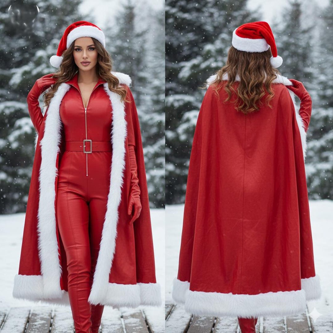 Fitted Santa Outfit – Red Faux Leather Jumpsuit With Fur Cape - Etsy