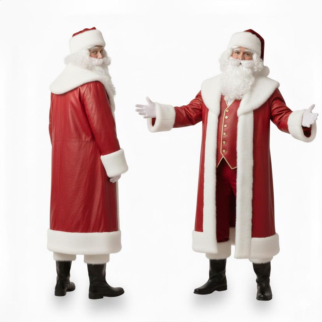 Luxury Santa Claus Suit – Red Leather Coat, Faux Fur Trim, Christmas ...