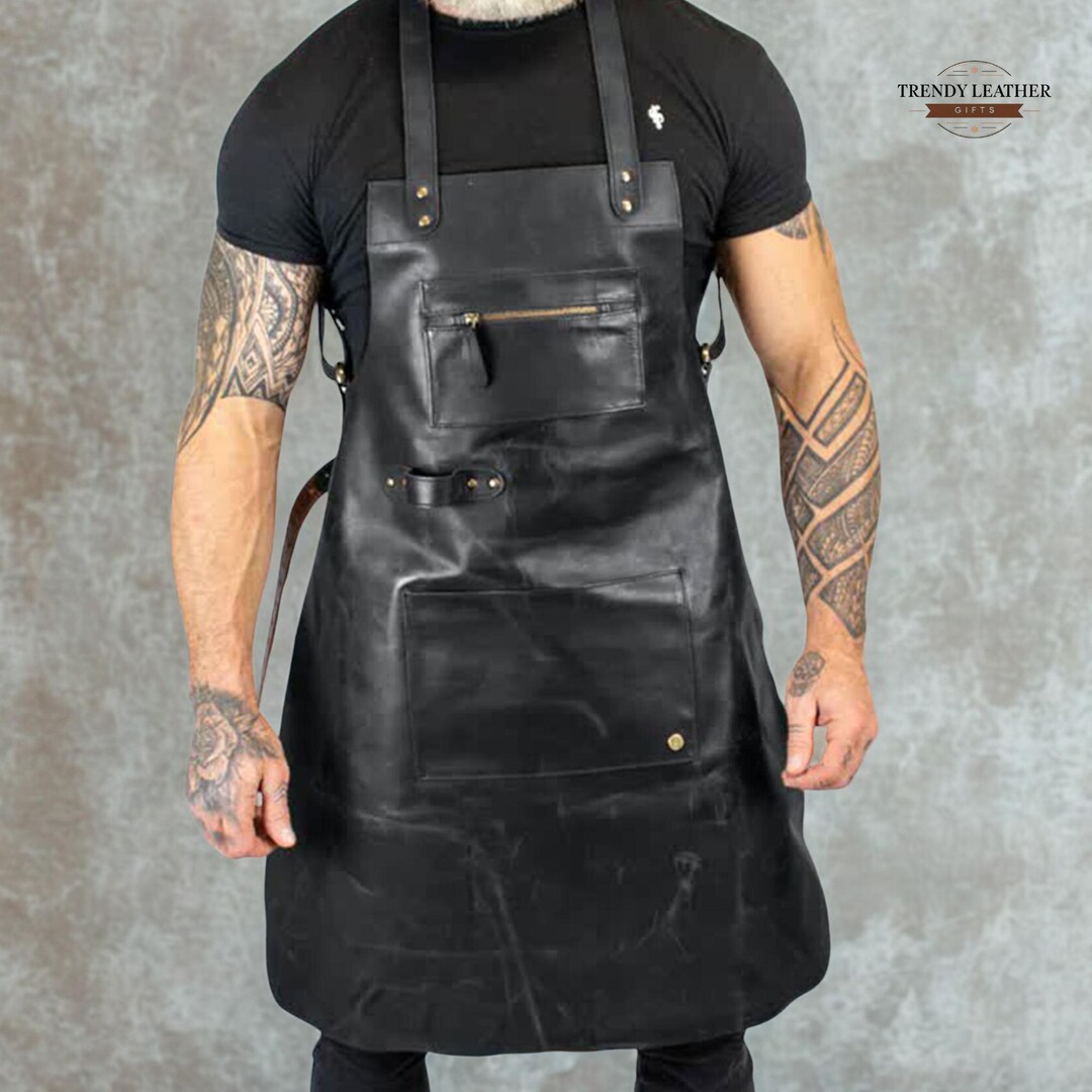 Black Leather Apron for Men | Handmade Work Apron | Personalized BBQ ...