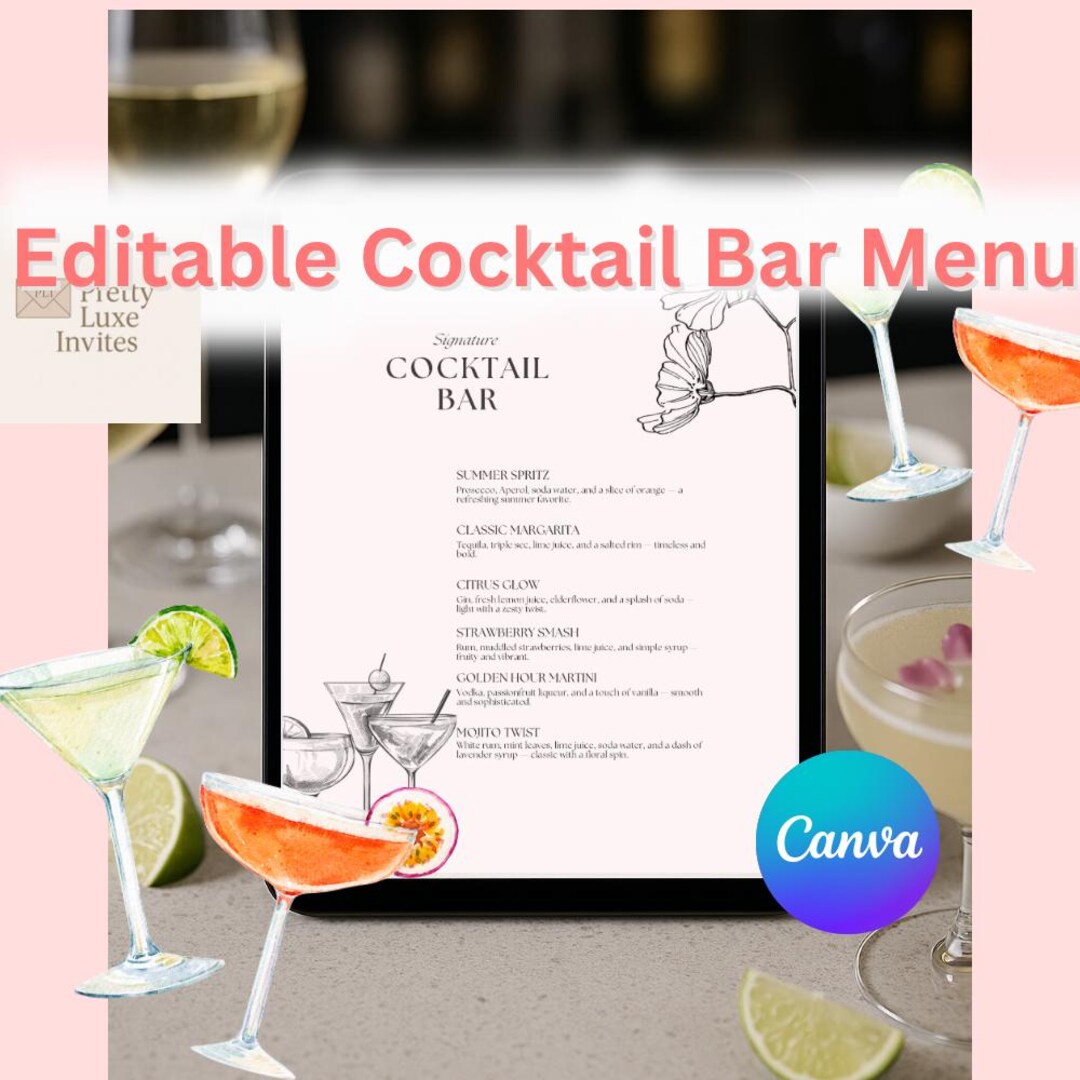 Editable Cocktail Bar Menu Template | Digital Drink List | Printable ...