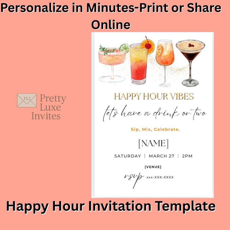 Editable Happy Hour Invitation Template – Cocktail Drink Party Invite ...