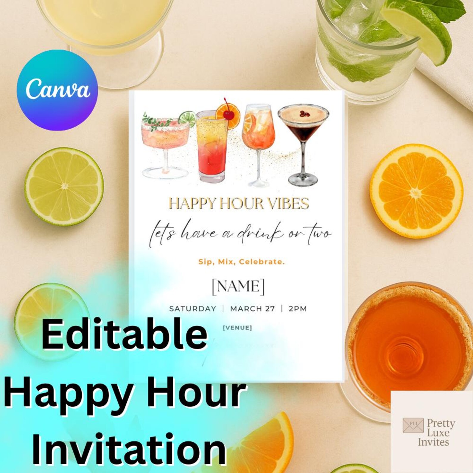 Editable Happy Hour Invitation Template – Cocktail Drink Party Invite ...