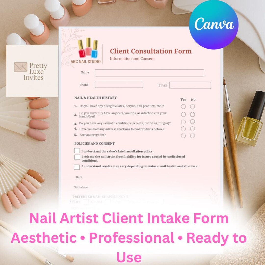 Nail Artist Consultation Form | One-page Client Intake and Consent PDF ...