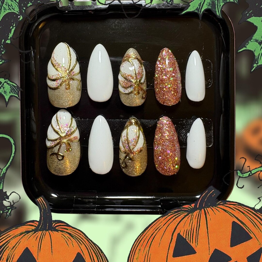 Fall Pumpkin Press on Nails | White & Gold Glitter Nails | Autumn ...