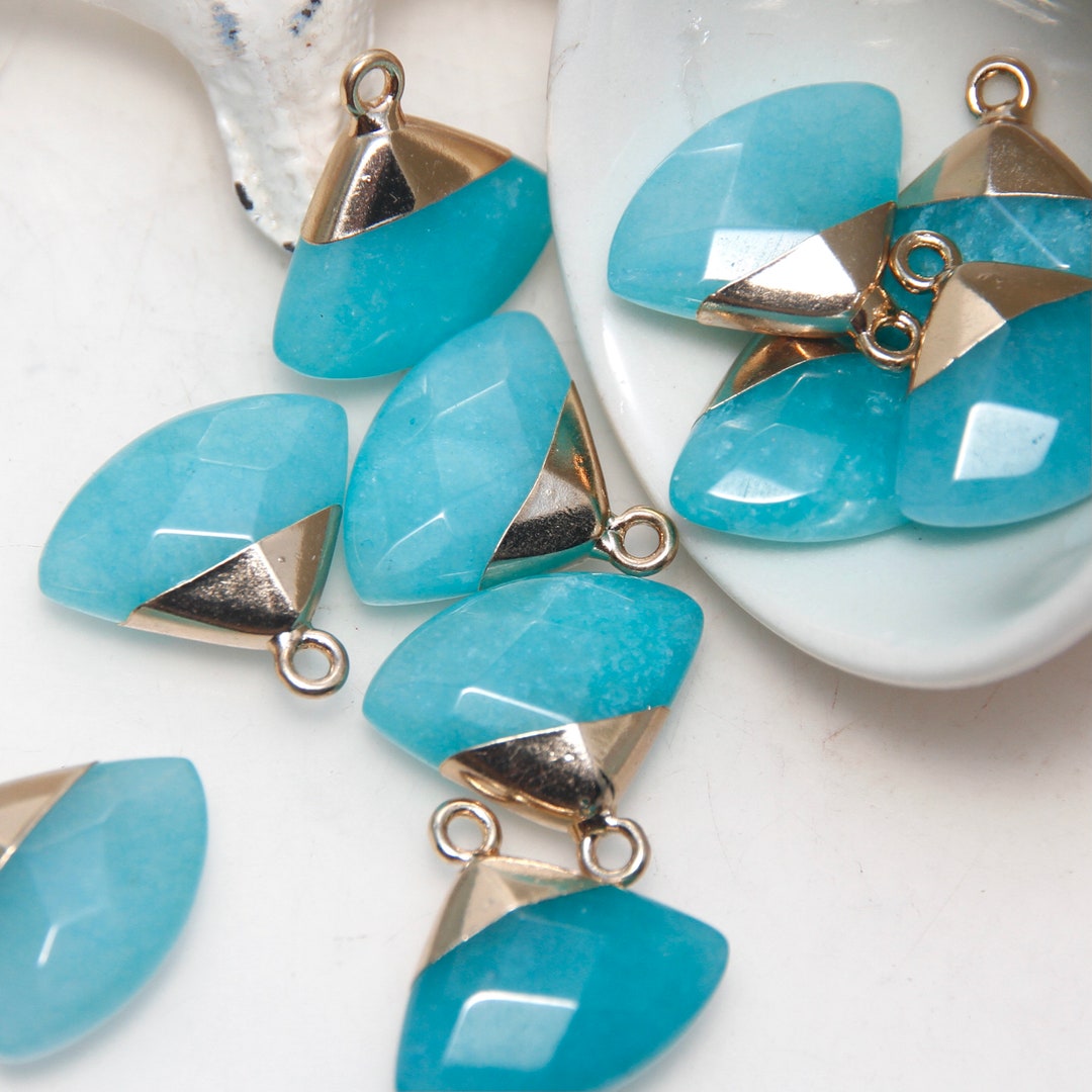 Bright Aqua Blue Jade Dyed Fan Drop Semi Precious With Gold Plated Tips ...
