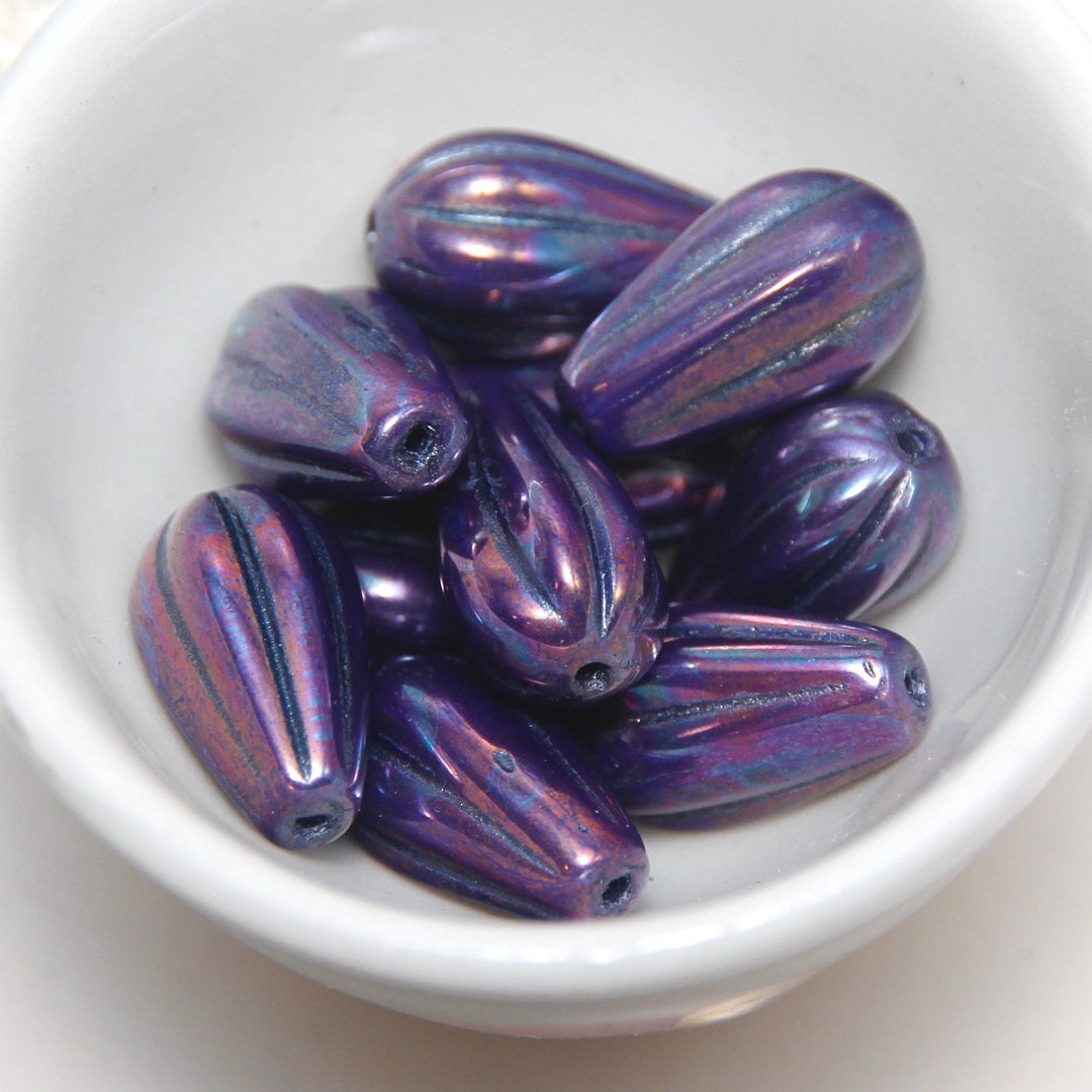 Czech Glass Melon Drop Purple Metallic With Iris Finish X 3 Beads - Etsy