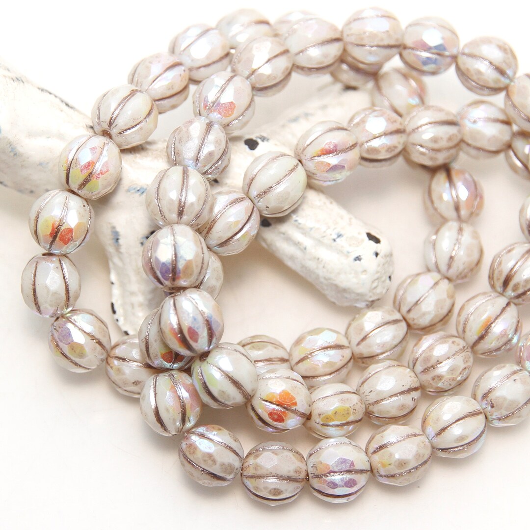Czech Glass 8mm Faceted Melon Beige With AB Metallic Beige Wash X 5 ...