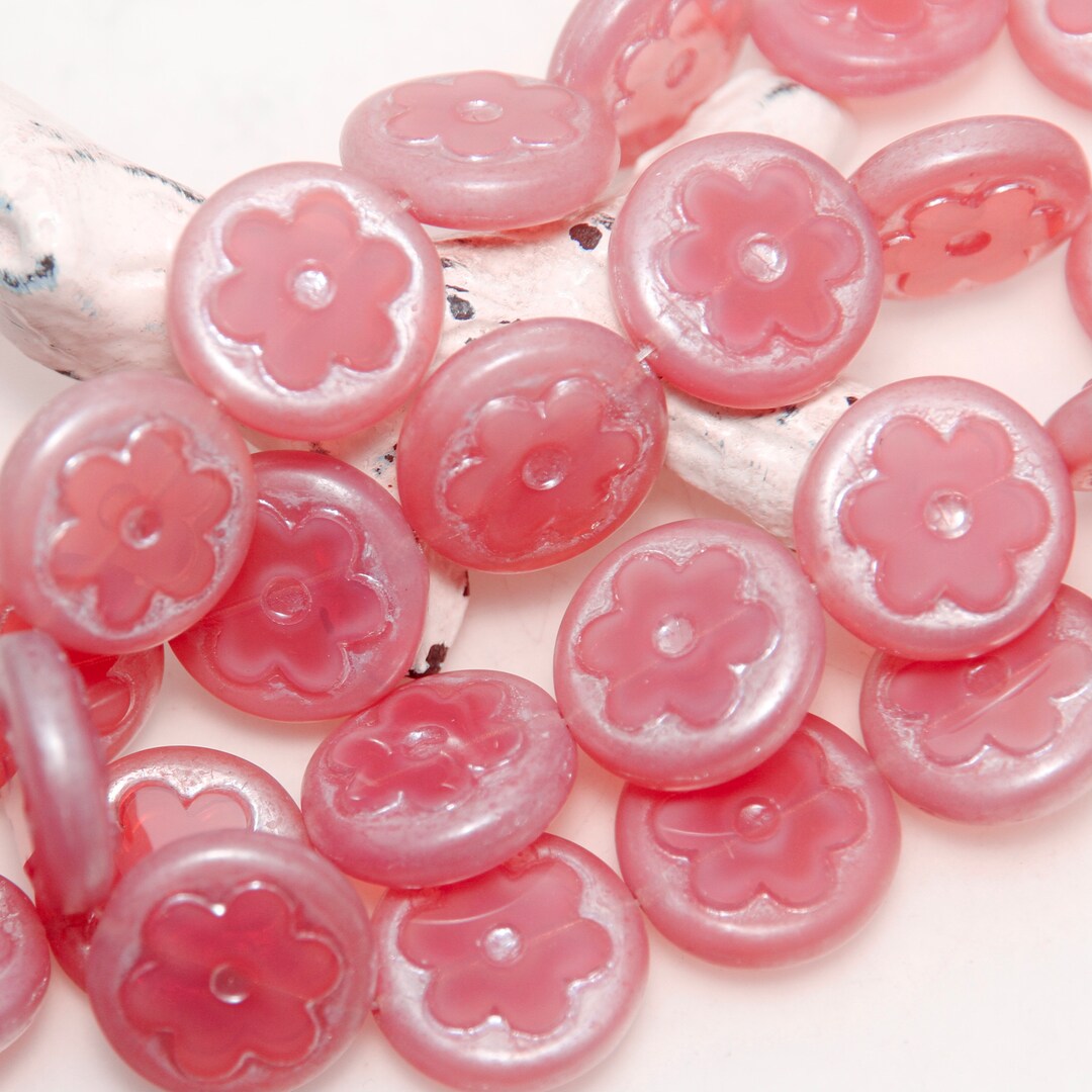 17mm Pink Opaline Lustre Hippy Flower Daisy Dimes X 2 Czech Glass Beads ...