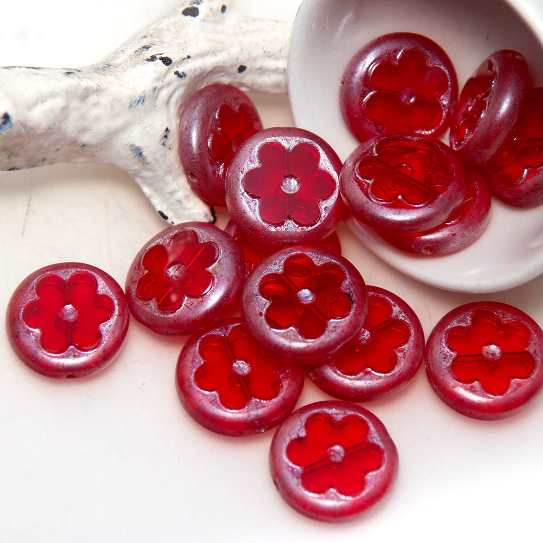 17mm Transparent Red Lustre Hippy Flower Daisy Dimes X 2 Czech Glass ...