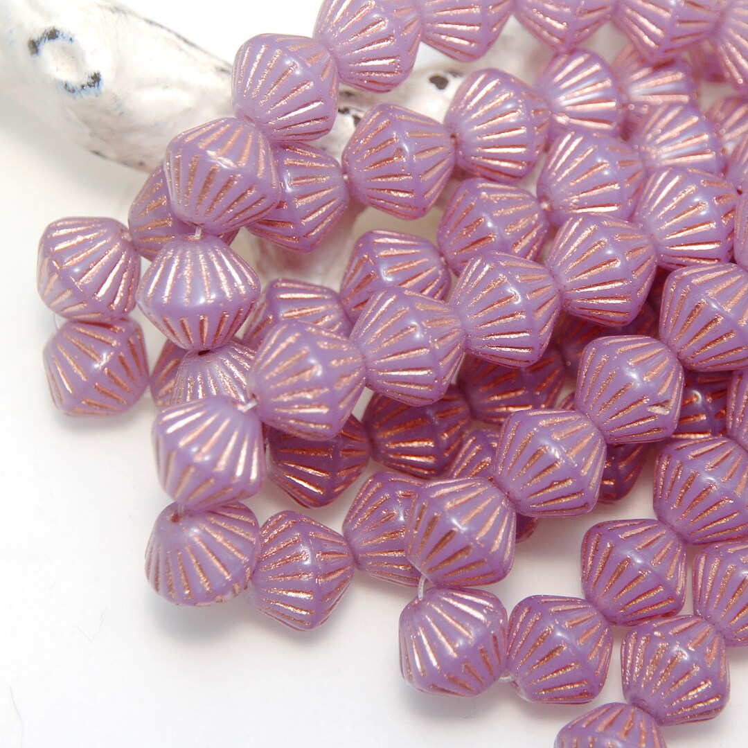 African Bicone Lilac Opaline With Rose Gold Stripes Czech Glass Beads X ...