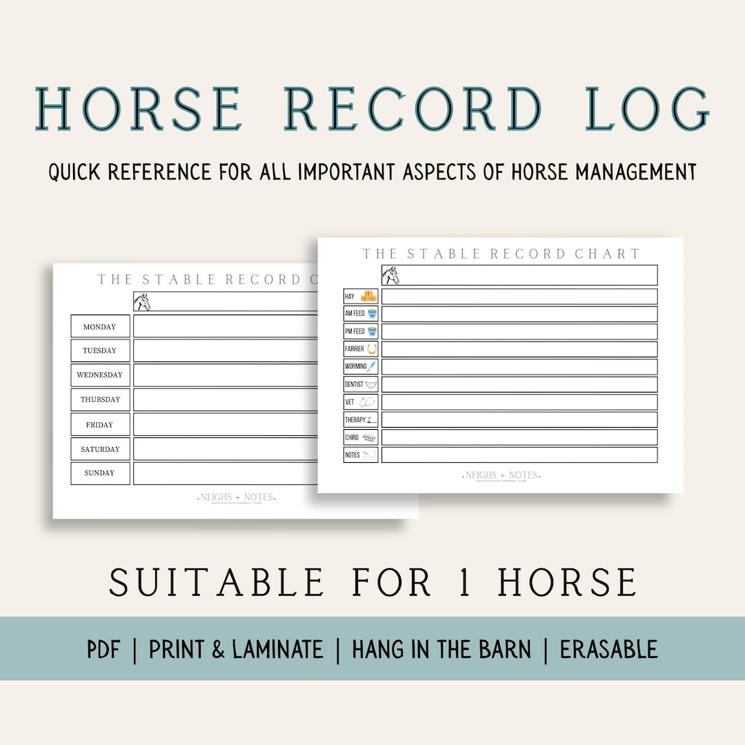 Horse Barn Record Keeping Sheet | Equine Care Schedule Charts | One ...