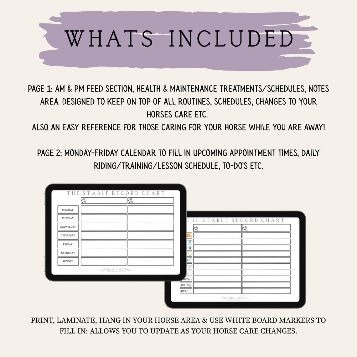 Horse Barn Record Keeping Sheet | Equine Care Schedule Charts | Two ...