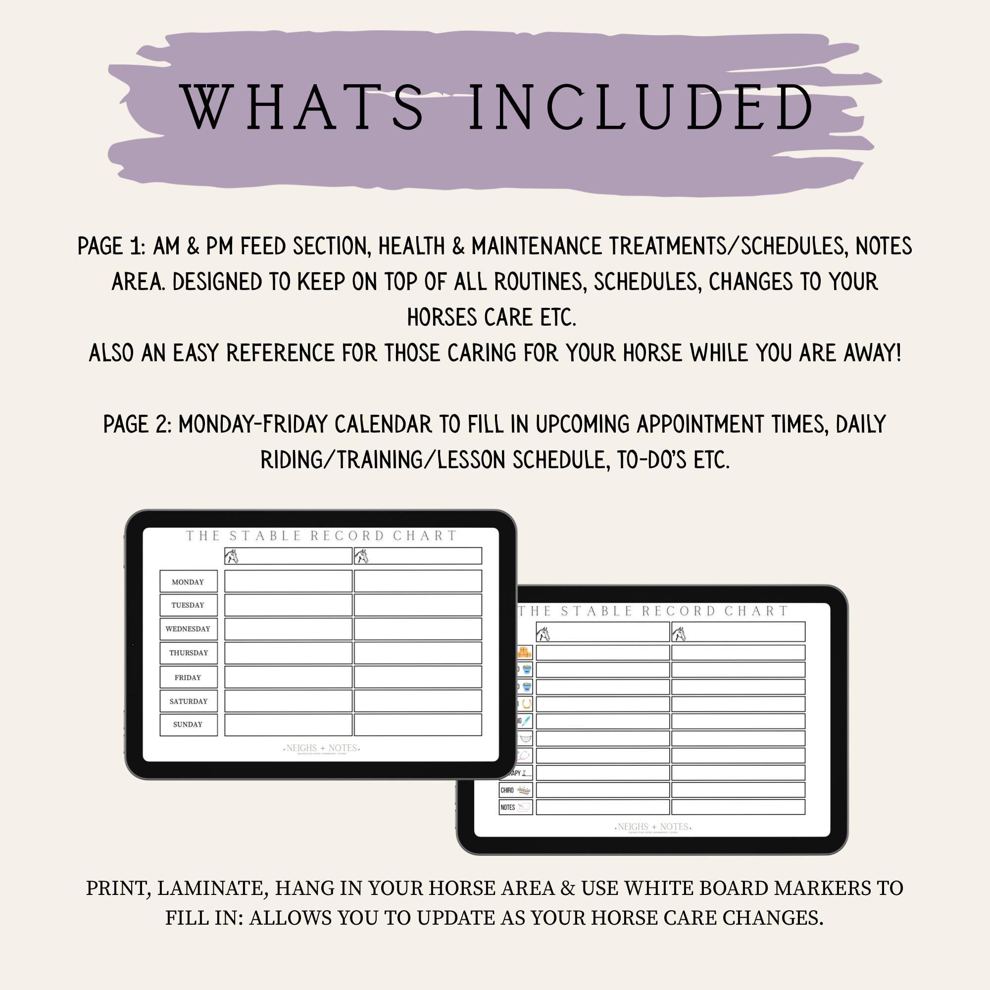 Horse Barn Record Keeping Sheet | Equine Care Schedule Charts | Two ...