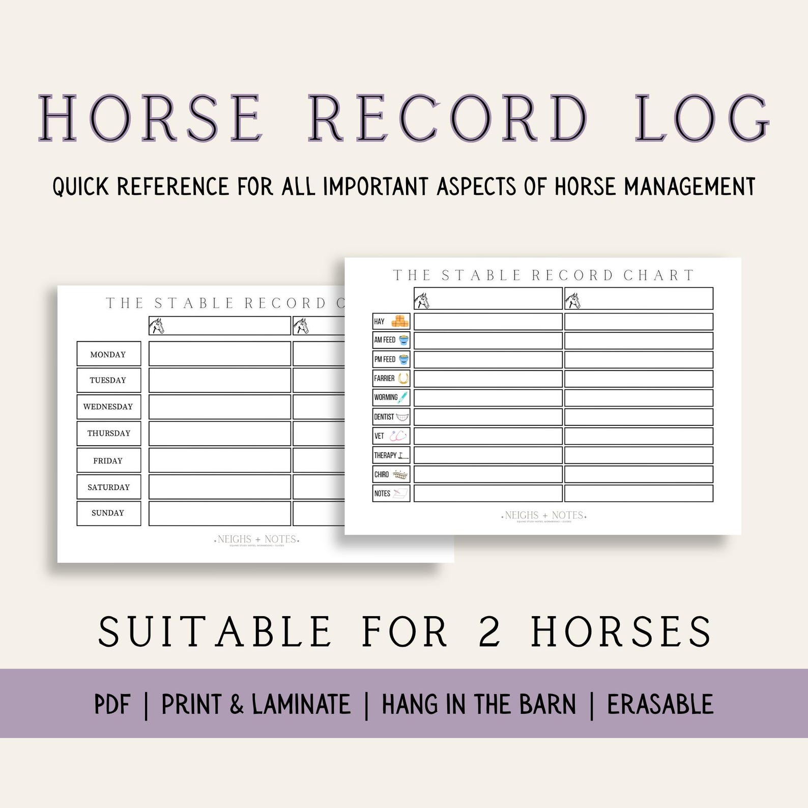 Horse Barn Record Keeping Sheet | Equine Care Schedule Charts | Two ...