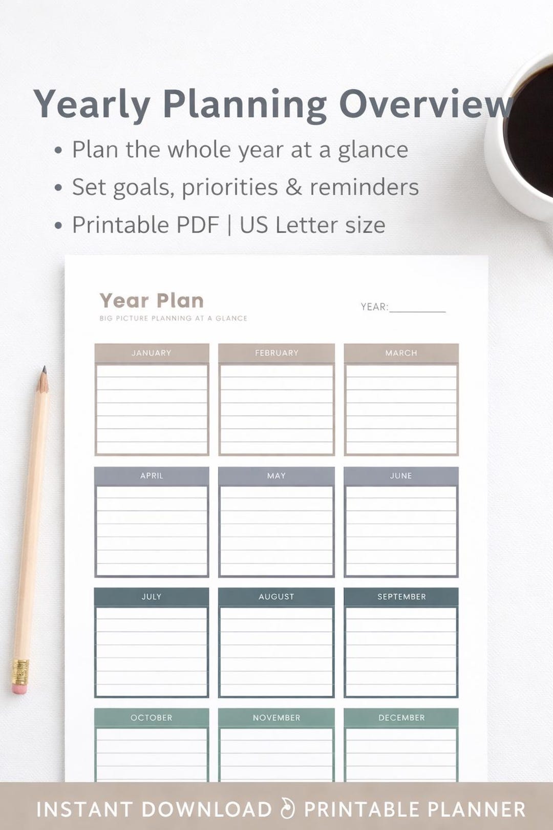 Yearly Planner Printable | Minimalist 12-month Overview (digital ...