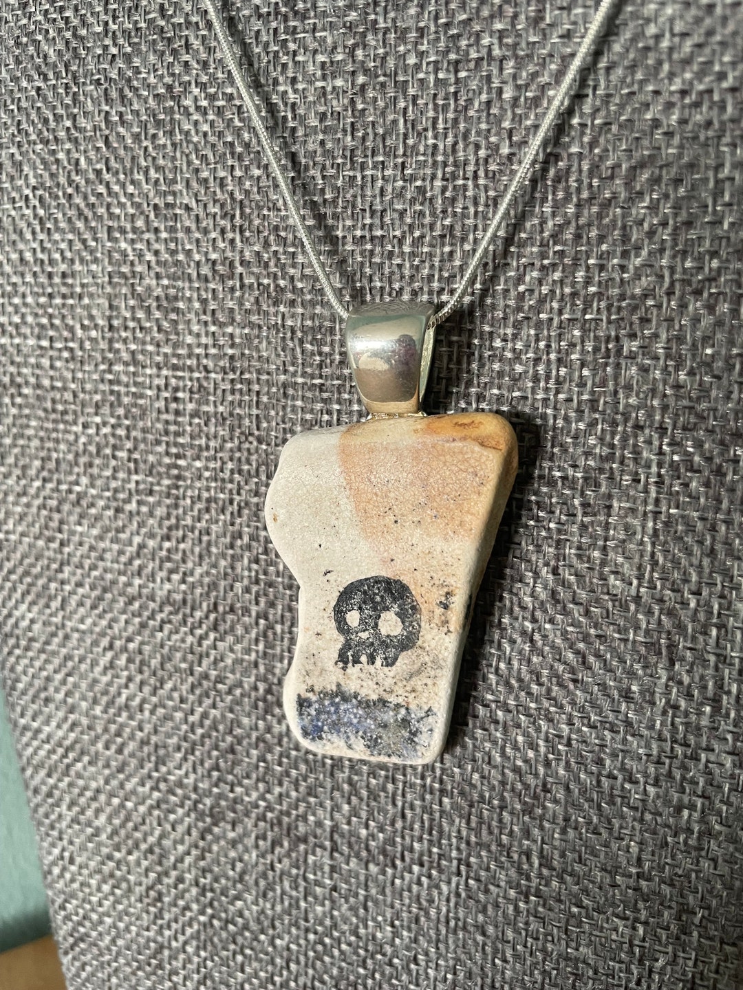 Sea Tumbled Vintage Tile Necklace With Hand-printed Lino Skull Pattern ...