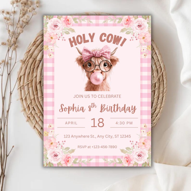 Highland Cow Birthday Invitation for Girls | Cute Cow Party Invite ...