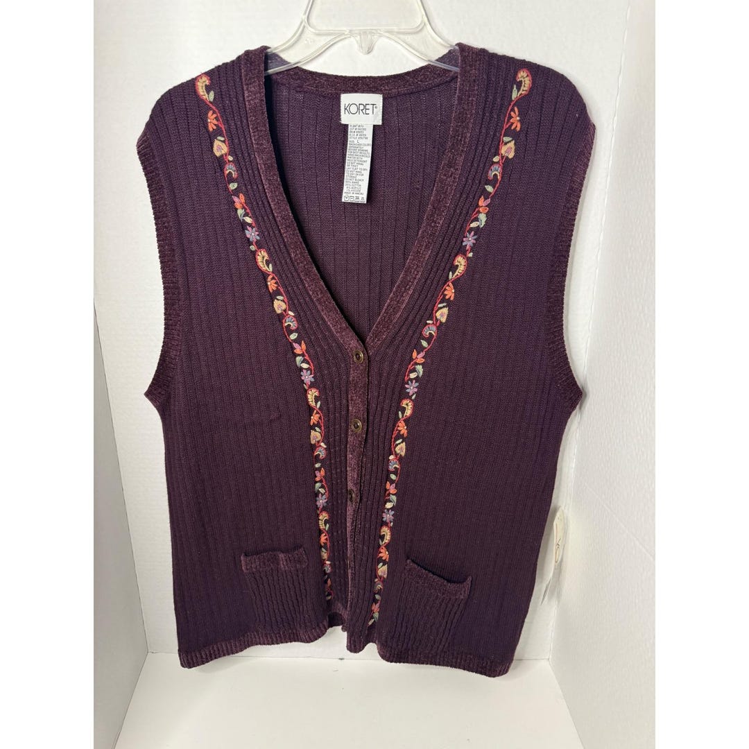 Vintage Koret Womens Vest Burgundy Floral Embroidered Knit Button ...