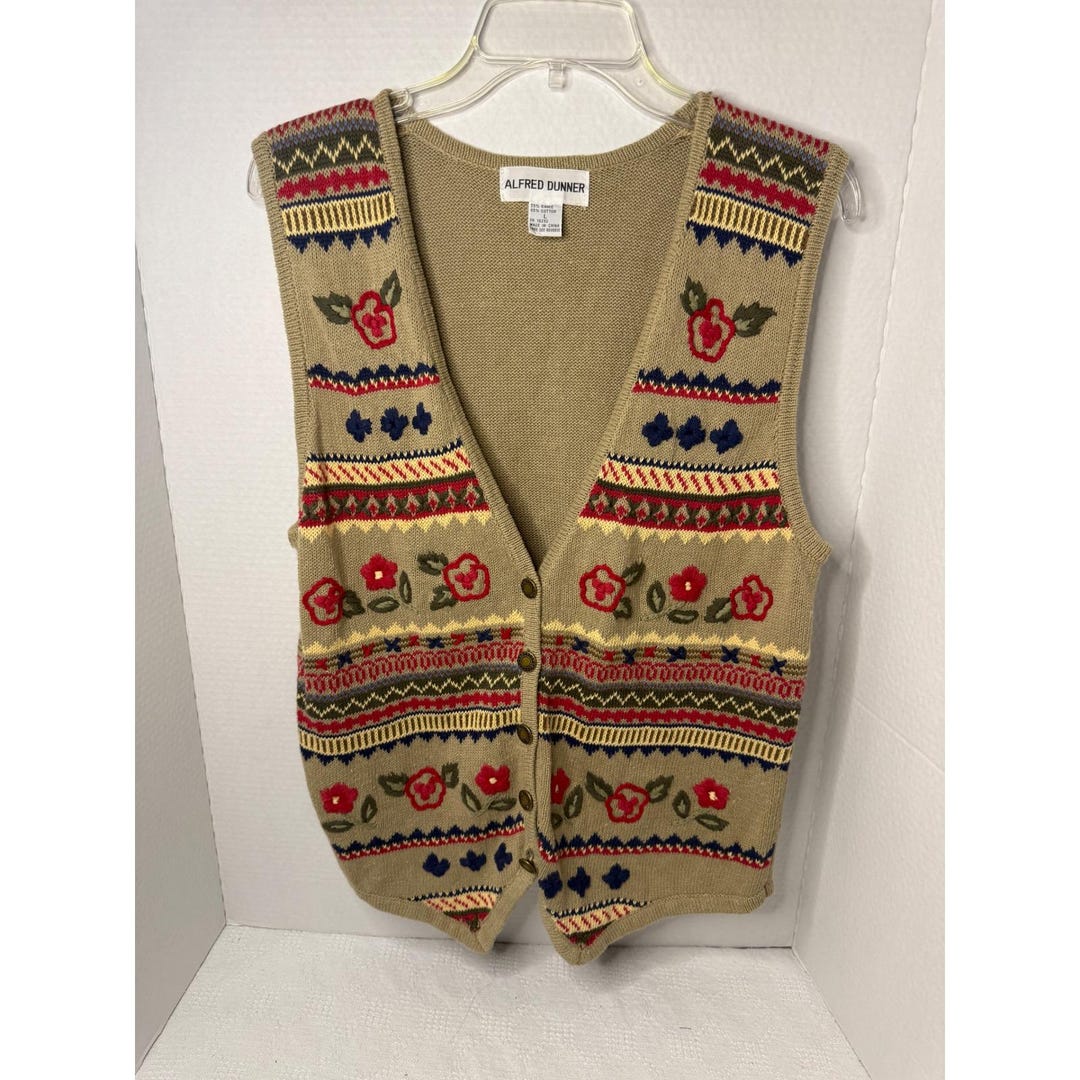 Y2K Alfred Dunner Women's Tan Floral Embroidered Knit Vest Size Large ...