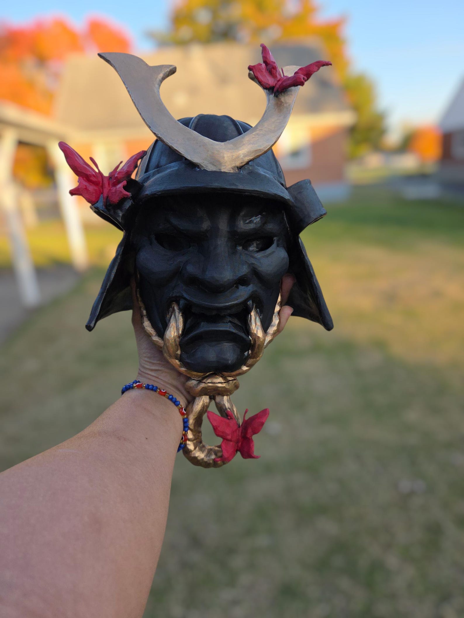 Hand-painted Samurai Oni Mask – Black & Gold Warrior Helmet With Red ...