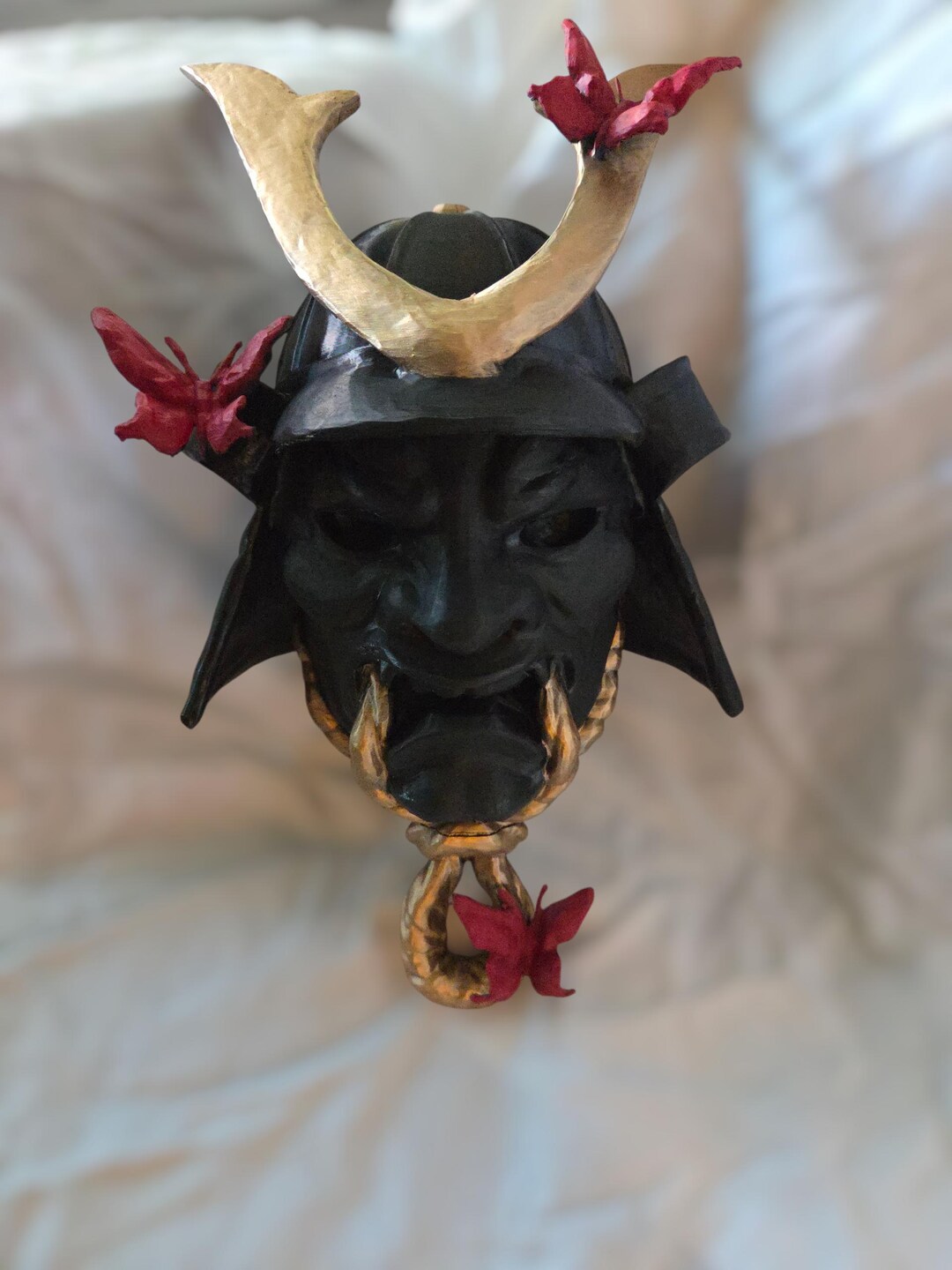 Hand-painted Samurai Oni Mask – Black & Gold Warrior Helmet With Red ...