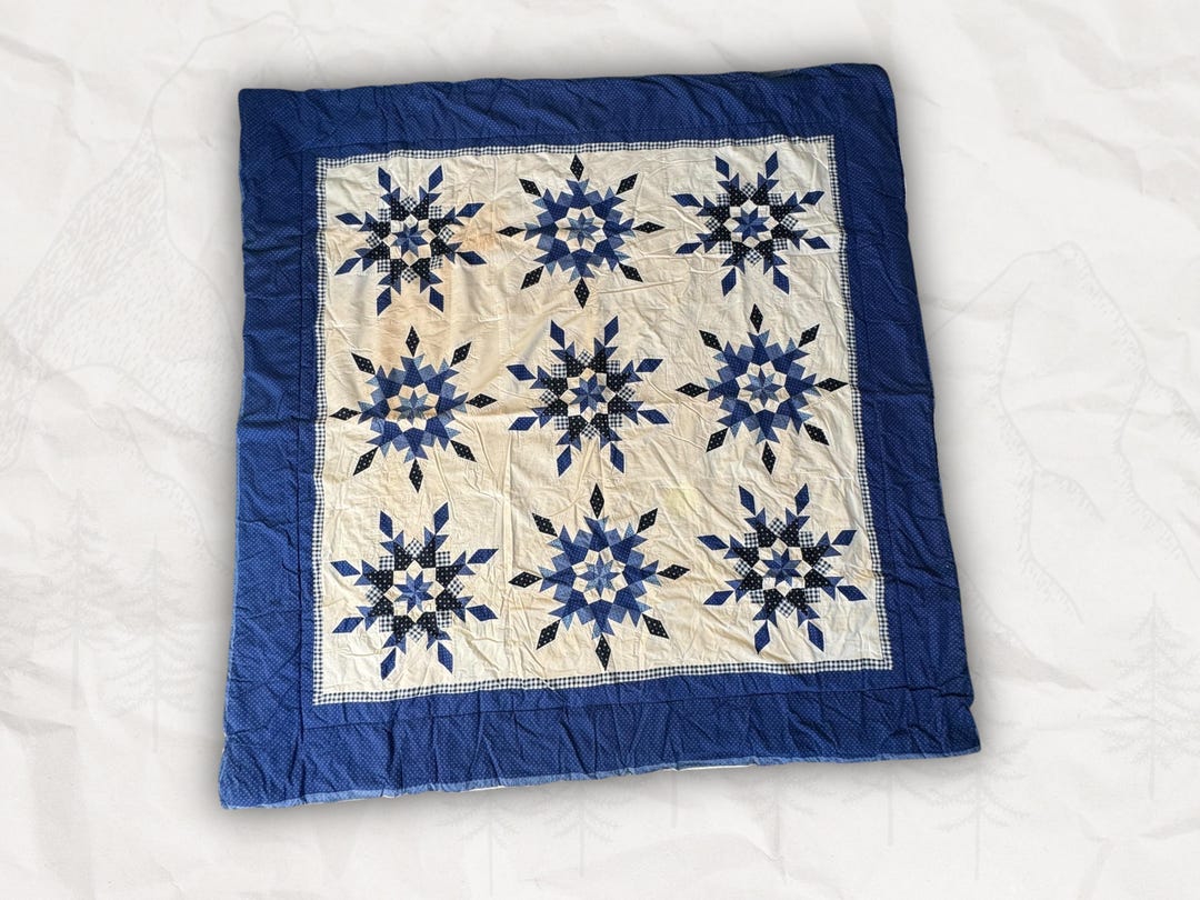 Vintage 1980s-90s Feathered Star Quilt 80x80 + 2 Shams Navy Blue ...