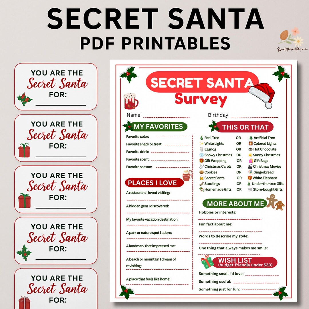 Secret Santa Survey & Name Tags Bundle | Printable Gift Exchange (PDF ...