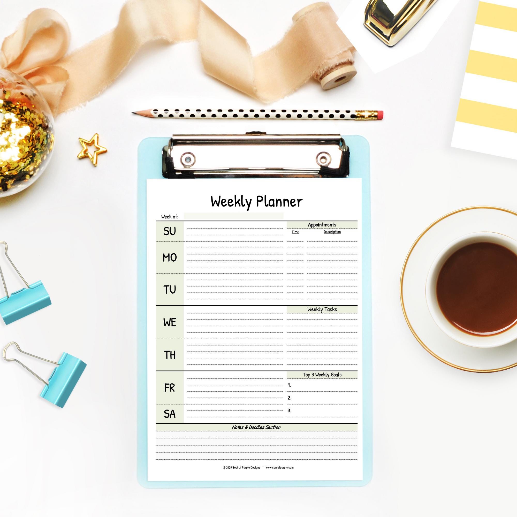 Green Weekly Planner Printable: Undated Goals, Tasks, Notes (U.S ...
