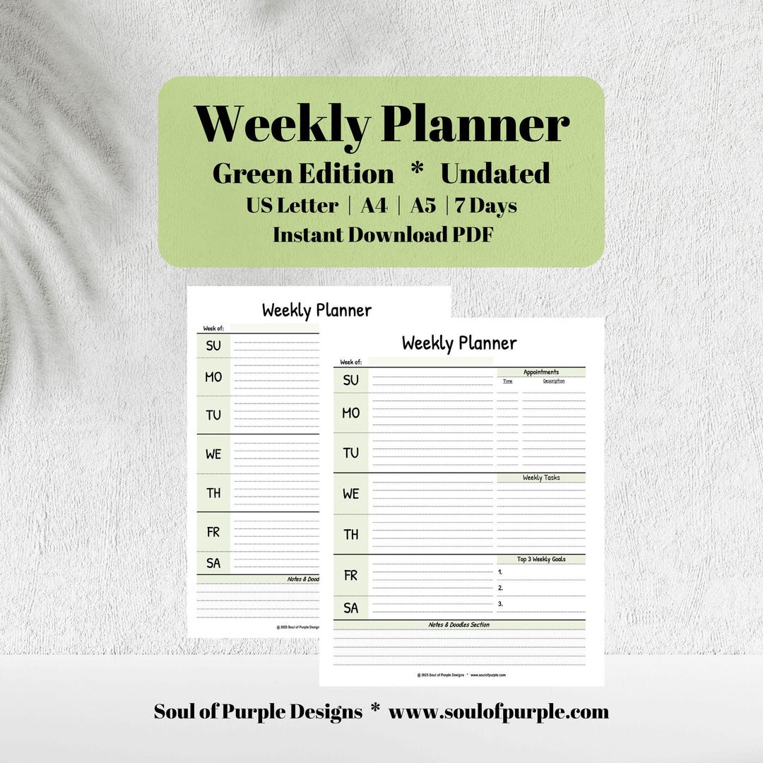 Green Weekly Planner Printable: Undated Goals, Tasks, Notes (U.S ...