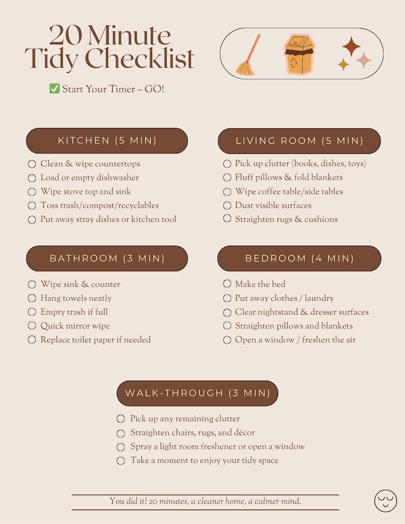 20-minute Tidy Cleaning Checklist | Printable PDF | Quick Home Reset ...