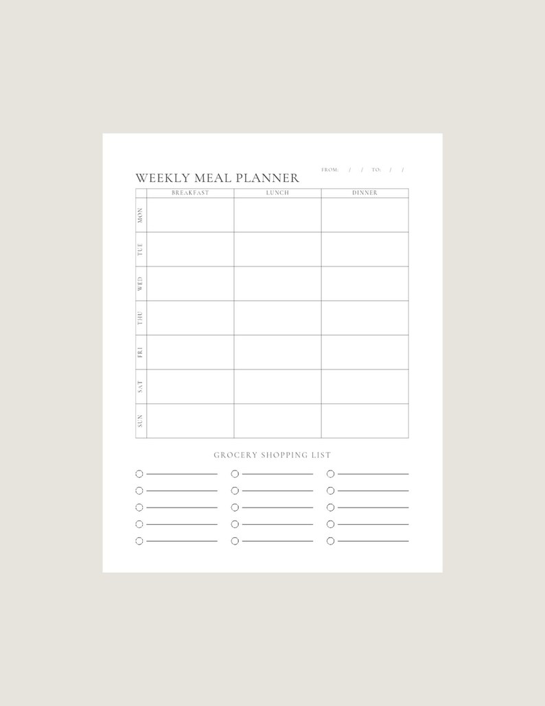 Minimalist Weekly Meal Planner Printable With Grocery Shopping List ...