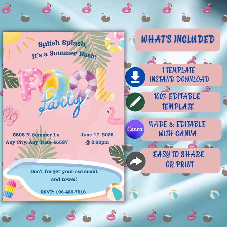 Pool Party Invitation for Summer | Watercolor Summer | Birthday ...