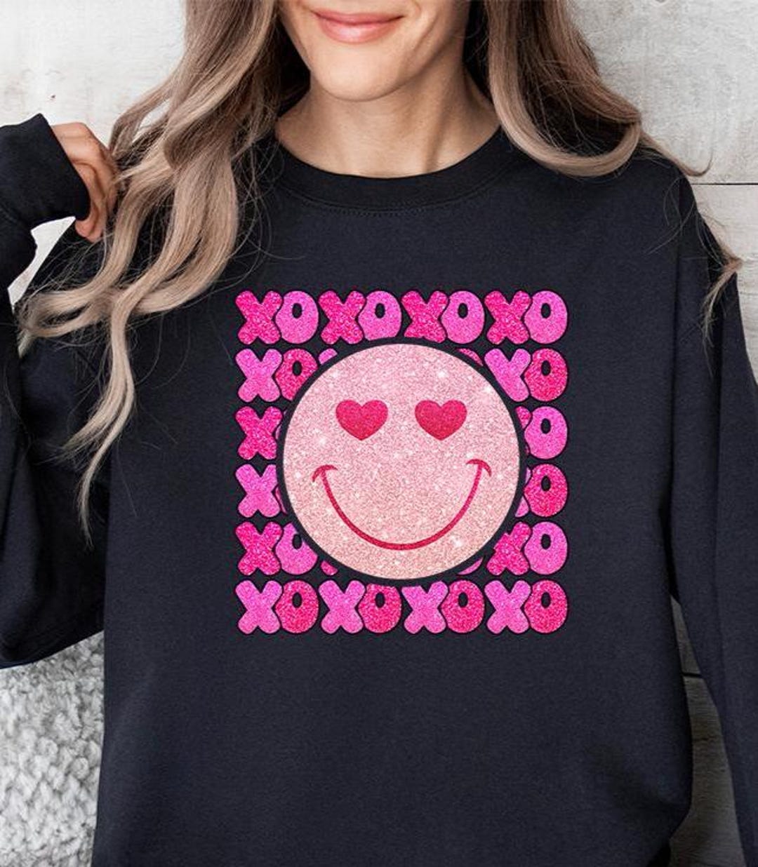 Pink Heart Xo Smiling Face Faux Sequin Valentine’s Day Sweatshirt - Etsy