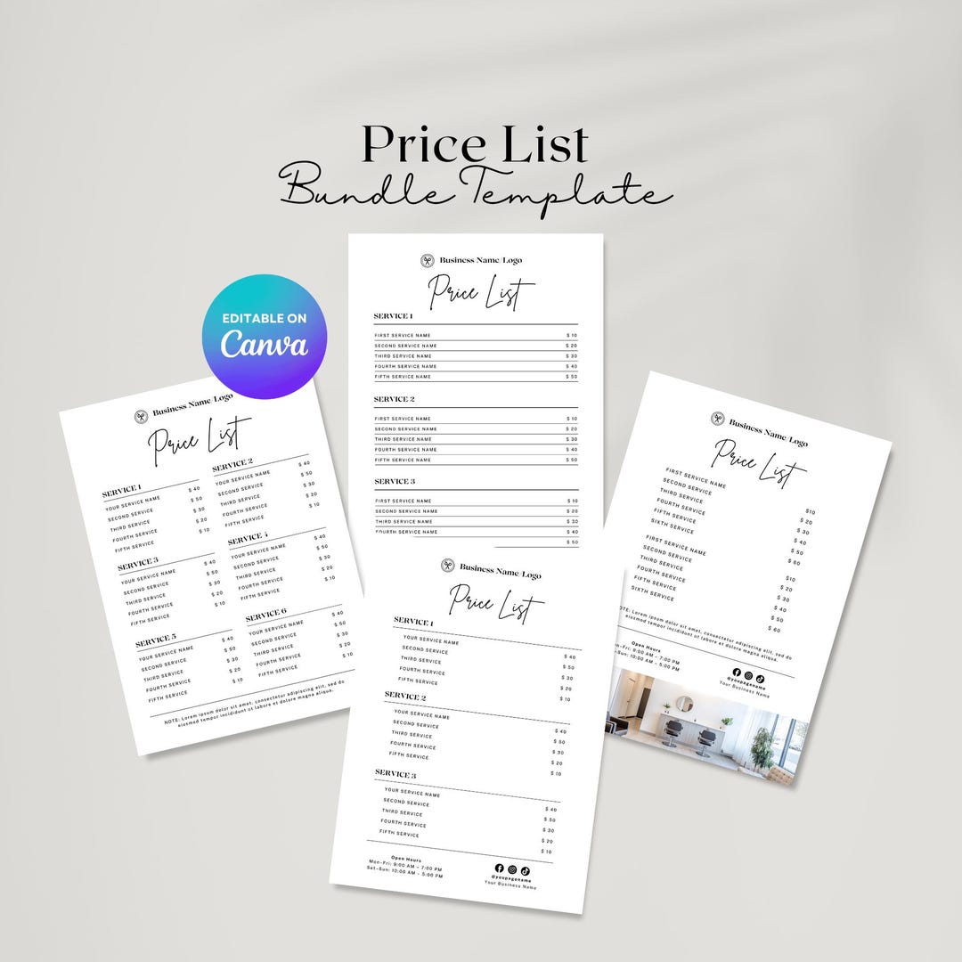 Price List Template Bundle | 4 Editable A4 Minimalist Designs + 200 ...