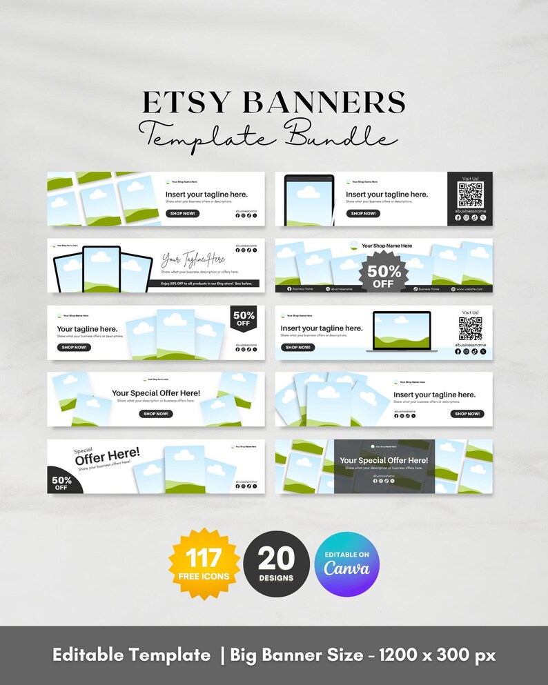 20 Etsy Shop Banners Template Bundle | Editable Canva Cover Photo ...