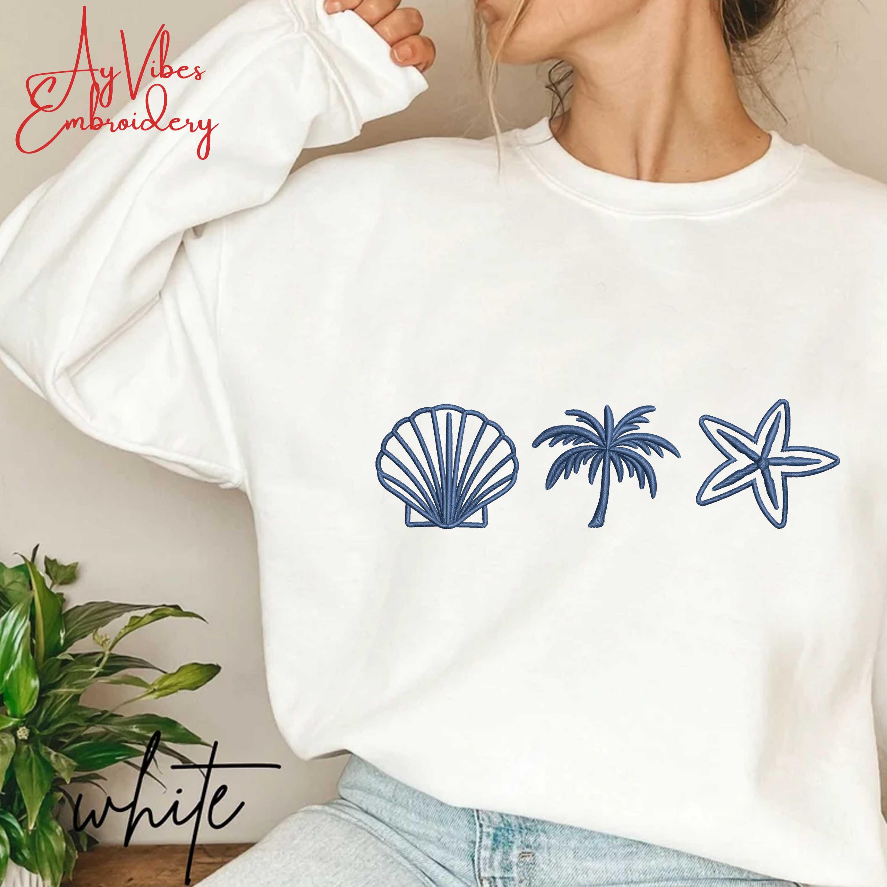 Beach Embroidery Design Set, Seashell Palm Tree Starfish Outline ...