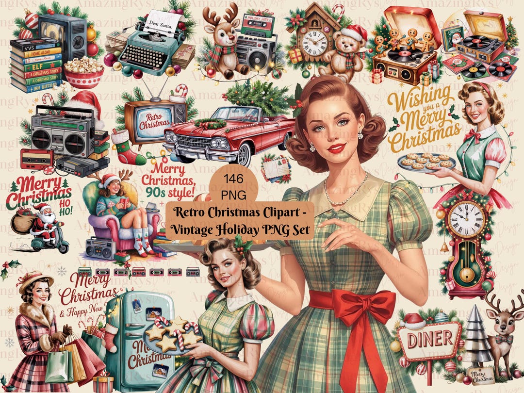 Retro Christmas Clip Art - Vintage Holiday PNG Bundle - High Resolution ...