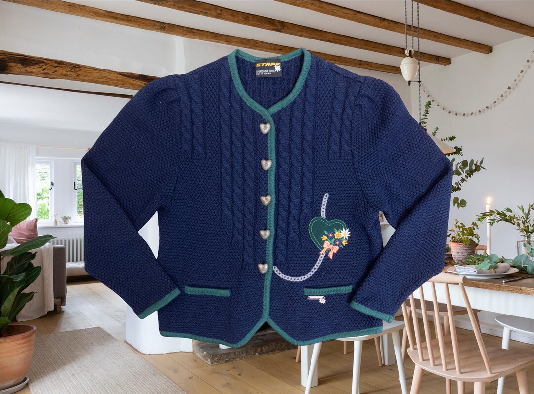 Pure New Wool Cottagecore Folk Blue Cable Knit Cardigan | Austria Made ...