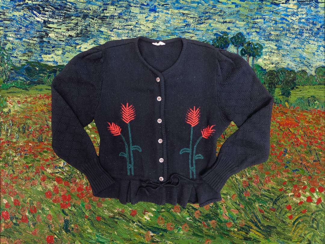 Pure New Wool Cottagecore Folk Embroidered Black Cardigan | West ...