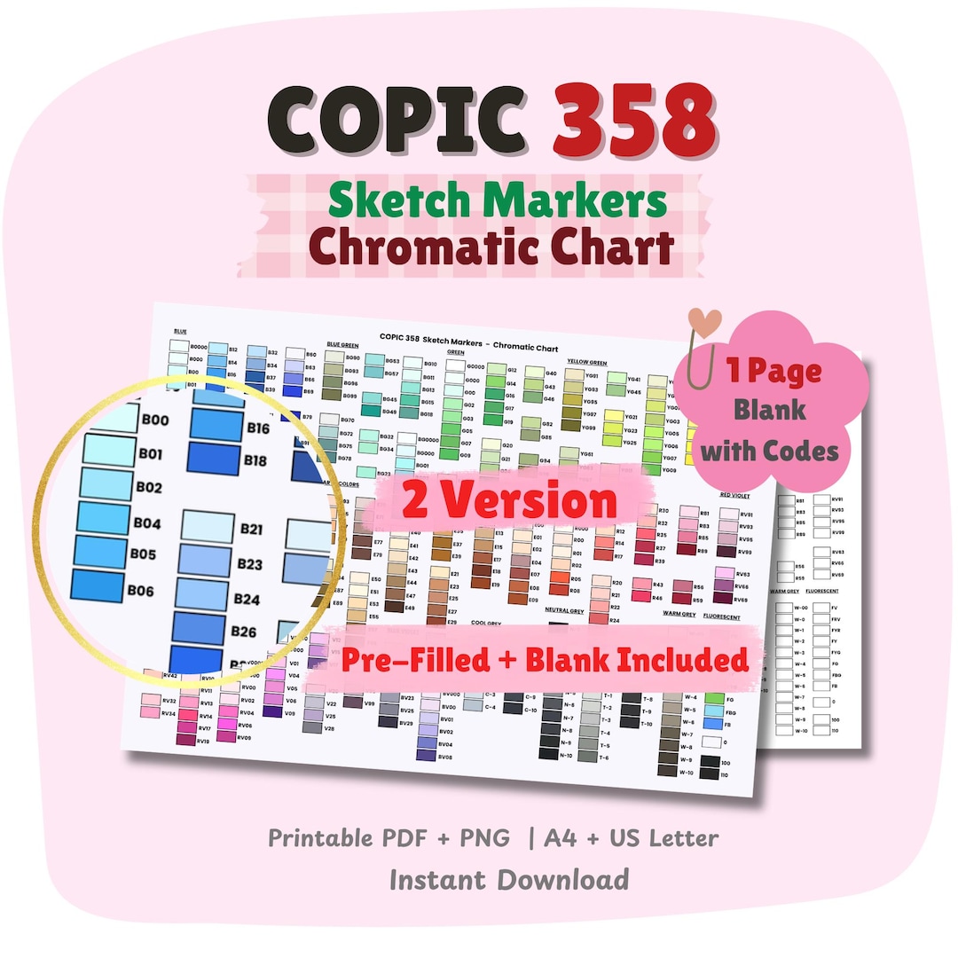 Copic 358 Sketch Marker Chromatic Chart, Pre-filled Blank Swatch Guide ...