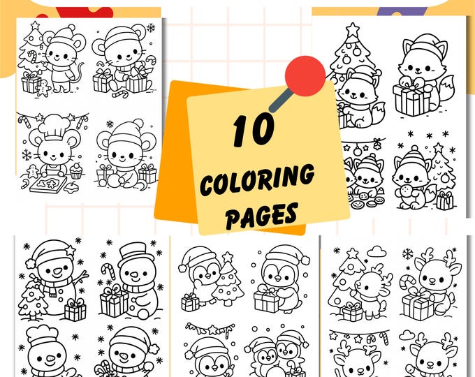 KAWAII CHRISTMAS Coloring Pages for Kids Adults | Animal Holiday ...