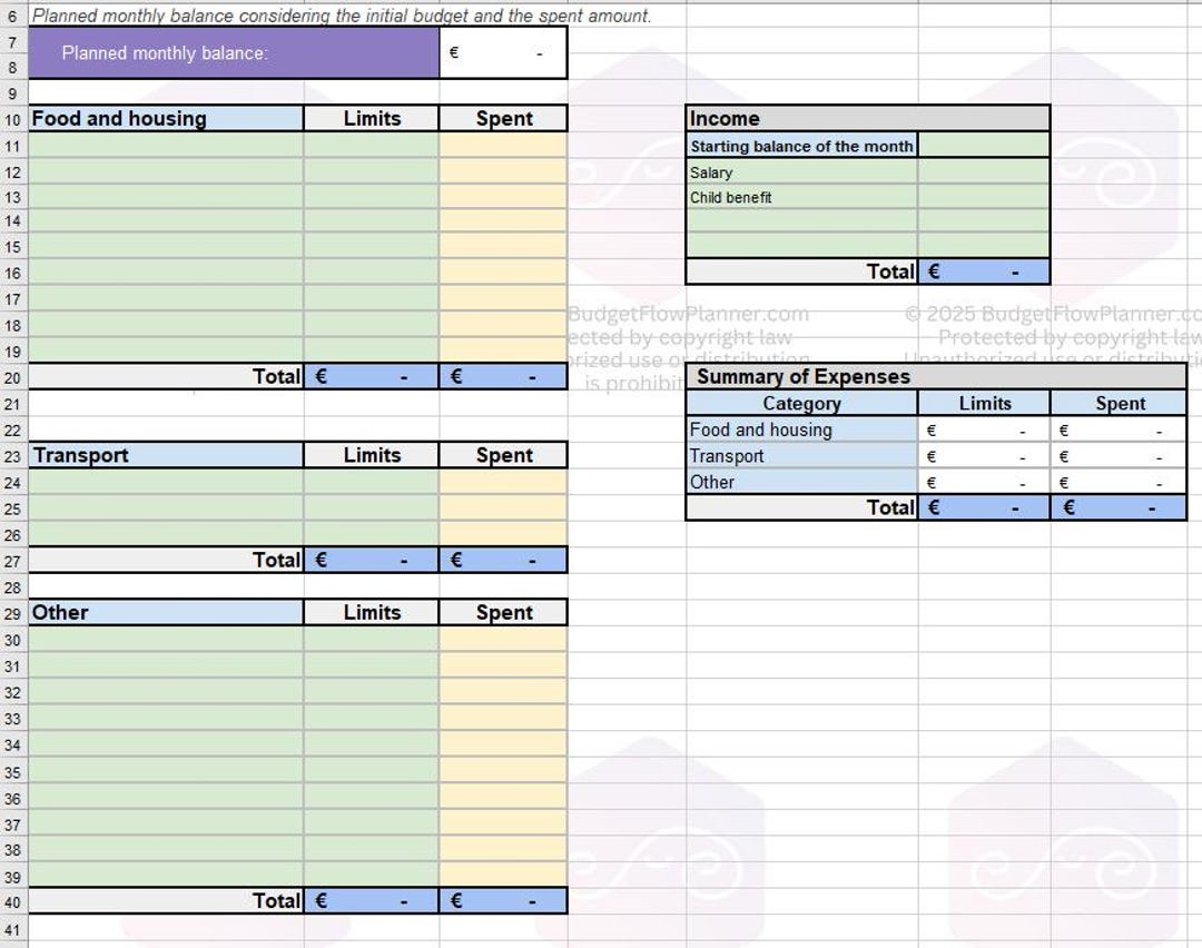 EUR BASIC Budget Planner EXCEL Template | Monthly Expense Tracker ...
