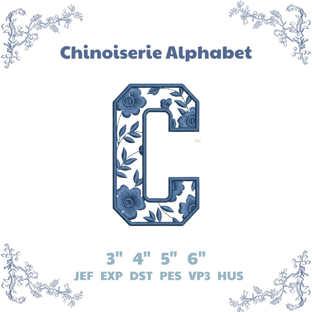 Chinoiserie Letter C Embroidery Designs, Blue Elegant Monogram C ...