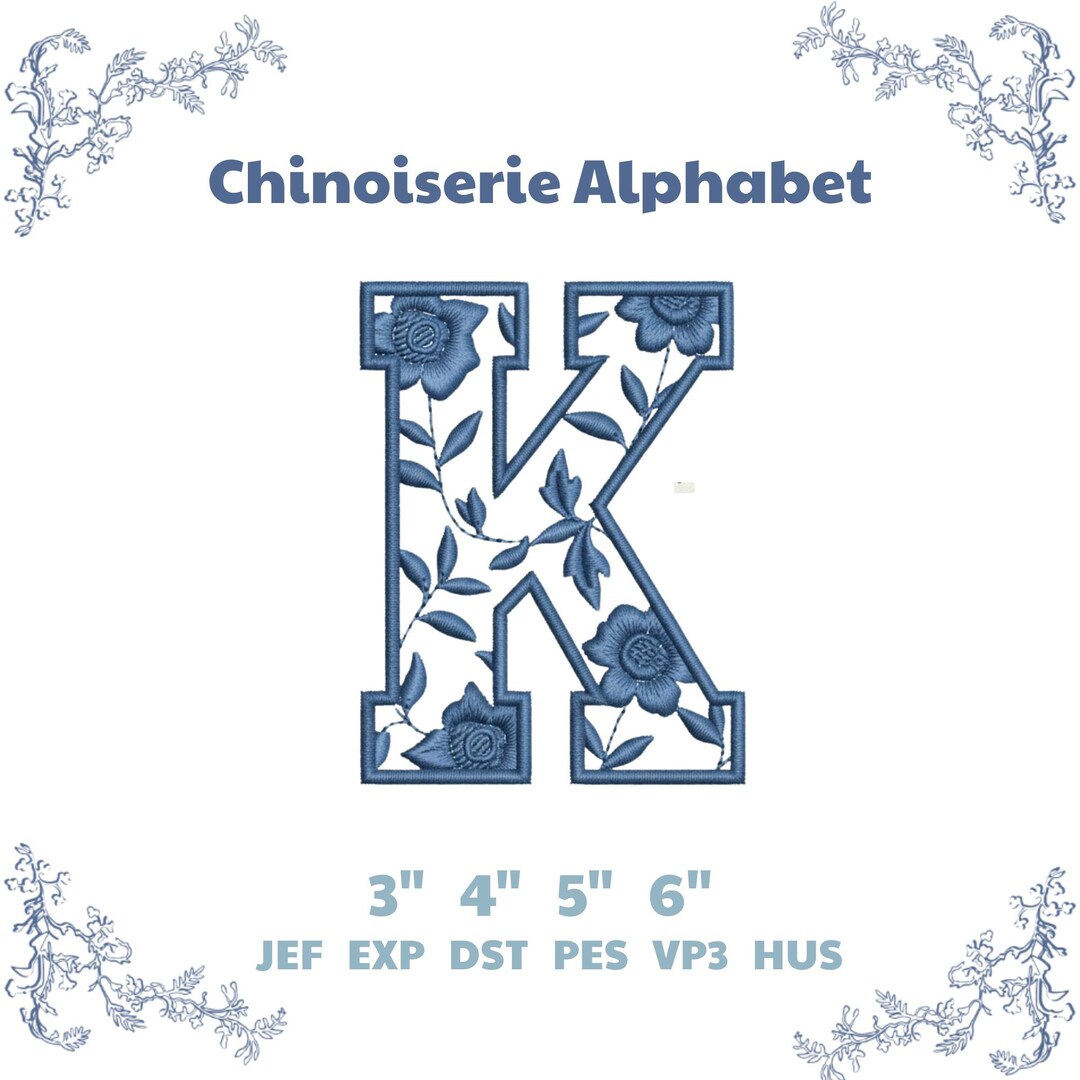 Chinoiserie Letter K Embroidery Designs, Blue Elegant Monogram K ...