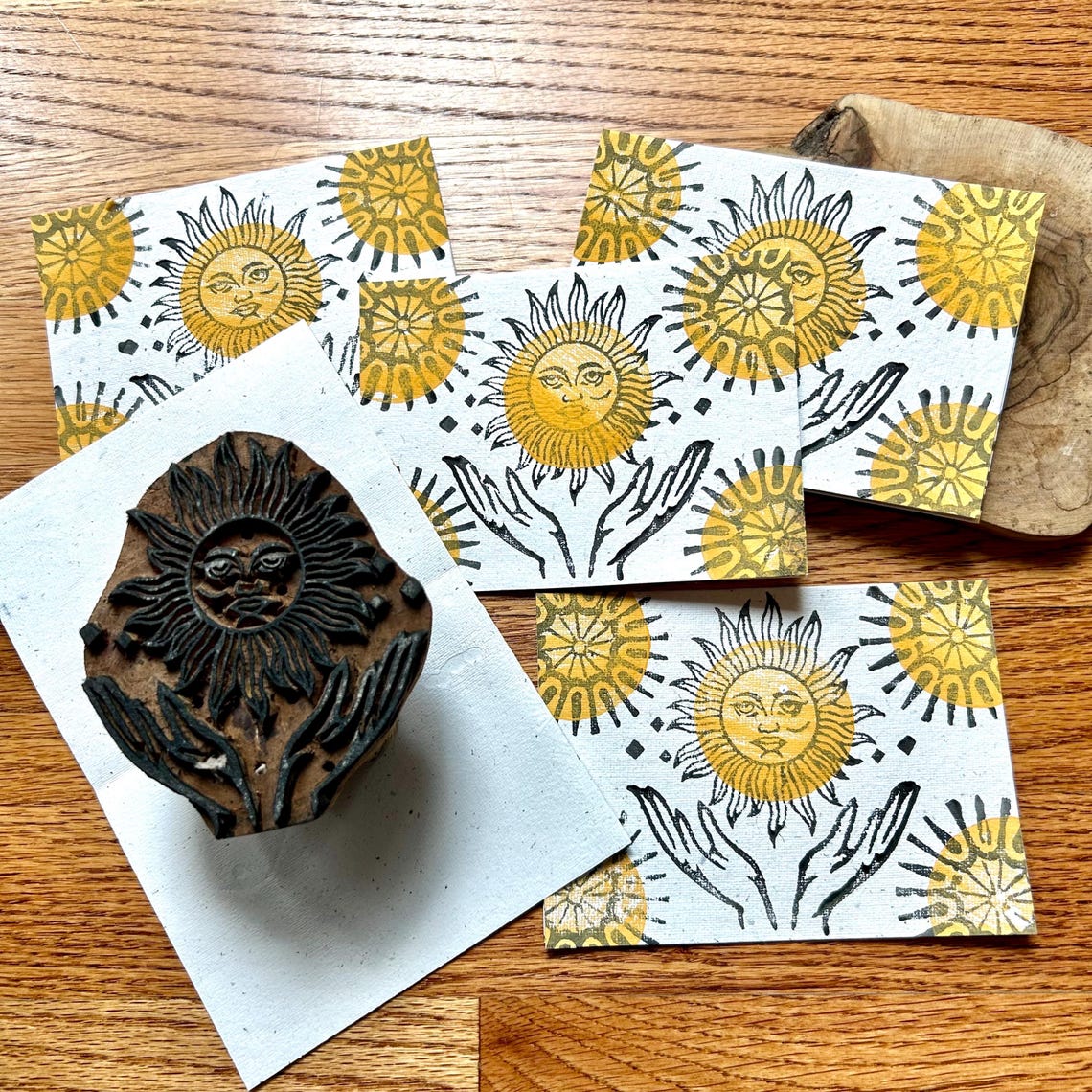 Sunrise Block Print Card Set, Handmade Cotton Rag Paper, Sun Tree Print ...